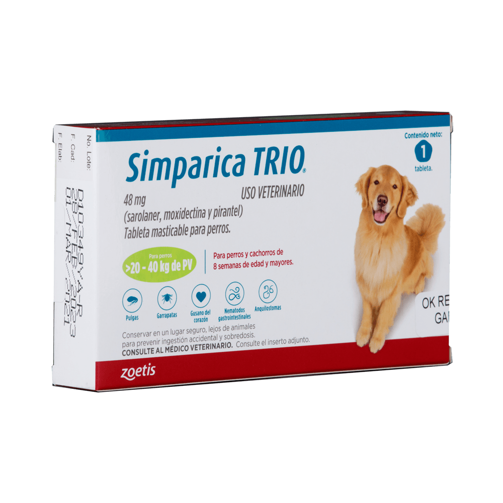 SIMPARICA TRIO CAJA X 1 TAB. (20 - 40kg) VERDE - animalsveterinaria